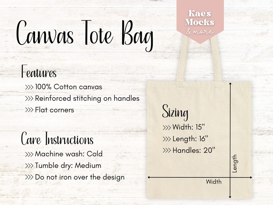 Canvas Tote Bag Size Chart, Features, Care Instructions Mockup, Cotton Tote Bags, Sizing Chart ...