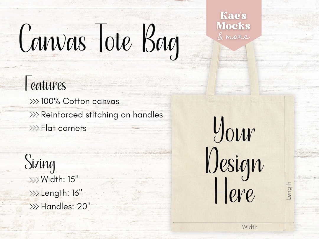 Canvas Tote Bag Size Chart, Features, Add Your Design Mockup, Cotton ...