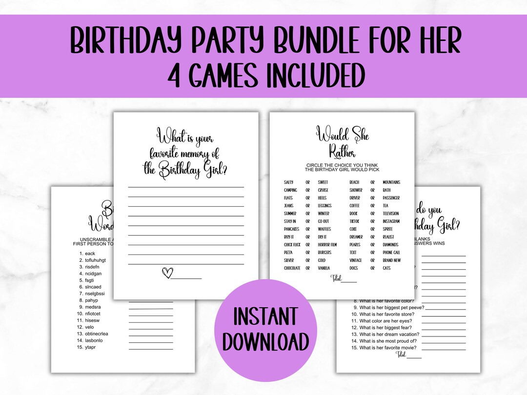 Birthday Game Bundle Minimalist Birthday Party for Her Would She Rather ...