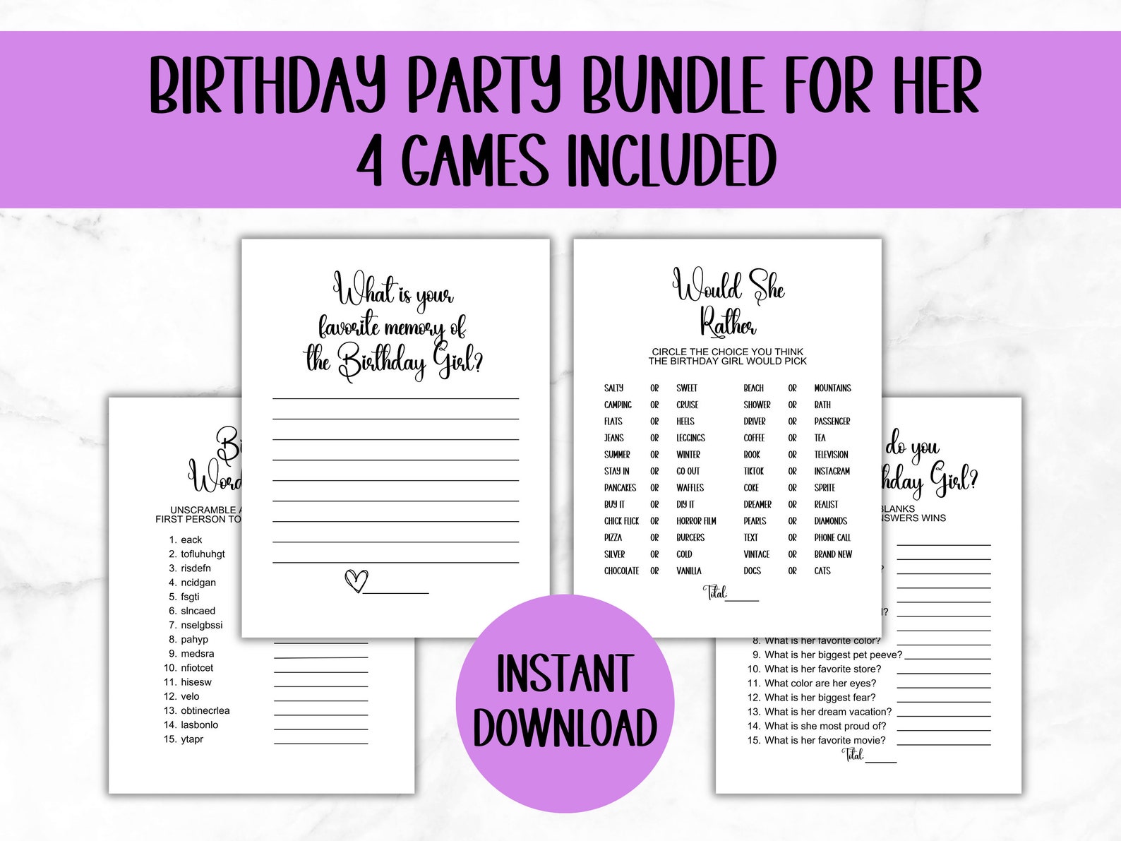 Birthday Game Bundle Minimalist Birthday Party for Her Would She Rather ...