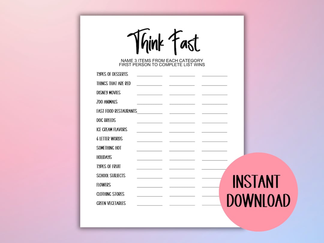 Think Fast Trivia Game, Birthday Party Game, Adult Party Game, Teen ...