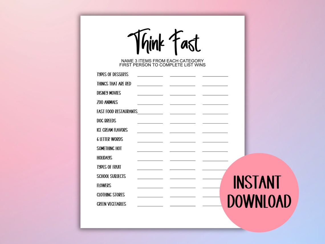 Think Fast Trivia Game, Birthday Party Game, Adult Party Game, Teen ...