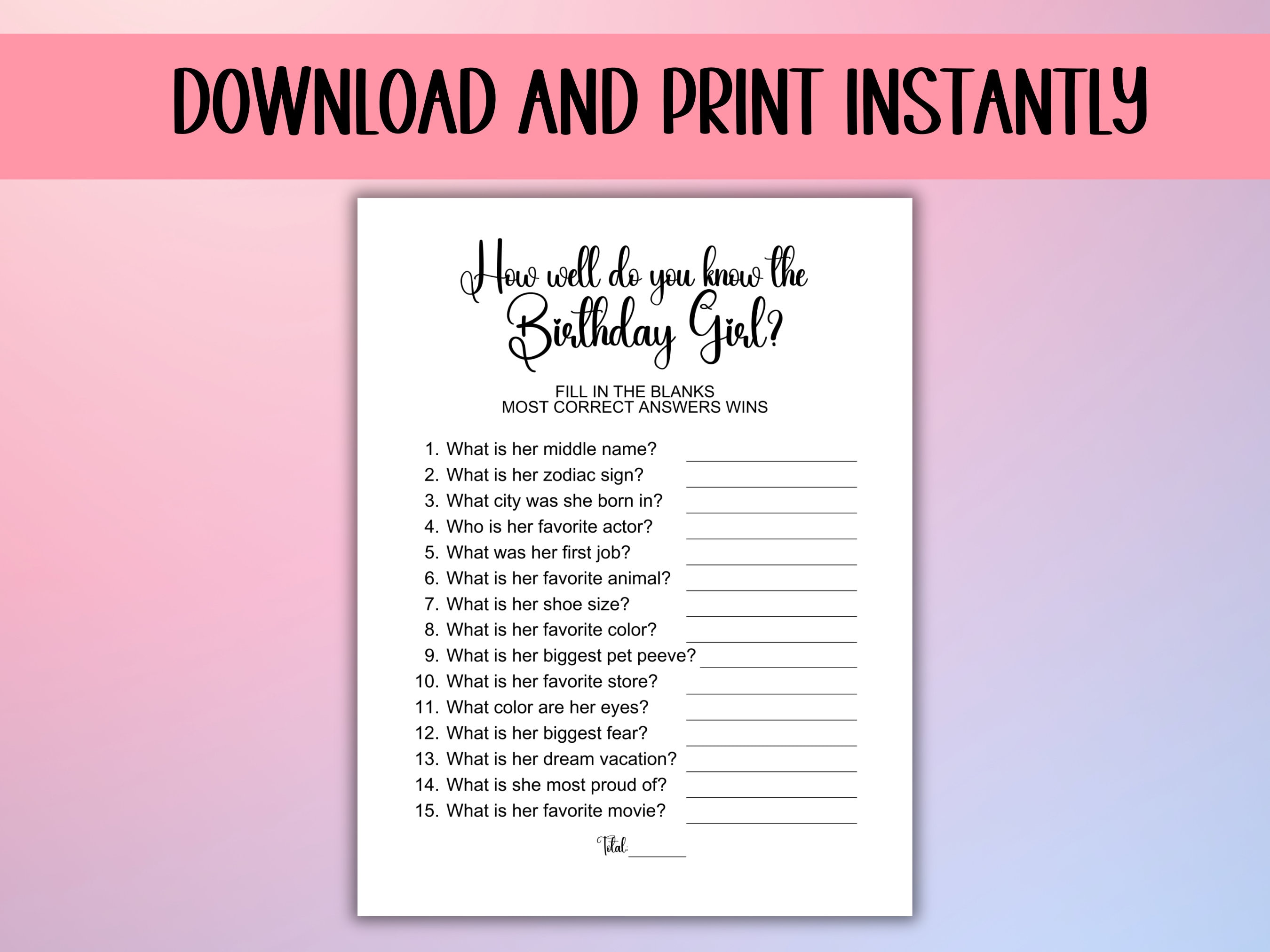 How Well Do You Know the Birthday Girl, Birthday Party Game, Teen Party ...