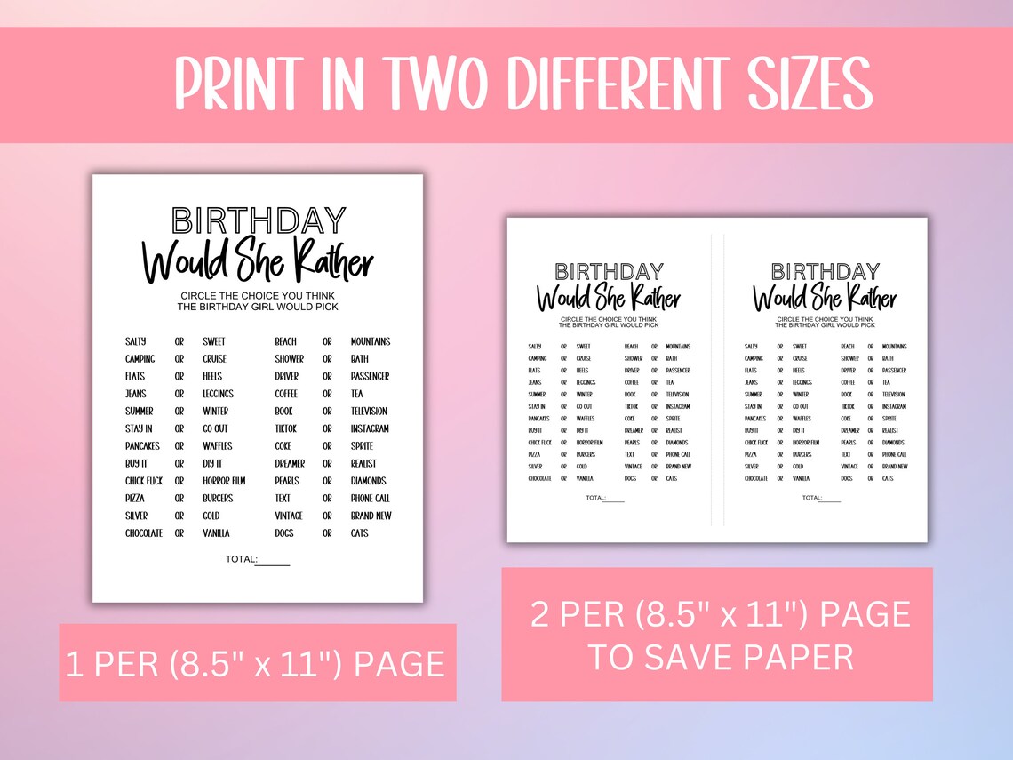 Birthday Would She Rather, Printable Party Game for Her, Adult Birthday ...