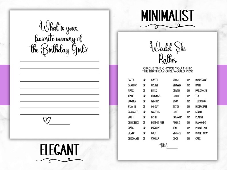 Birthday Game Bundle Minimalist Birthday Party for Her Would She Rather ...