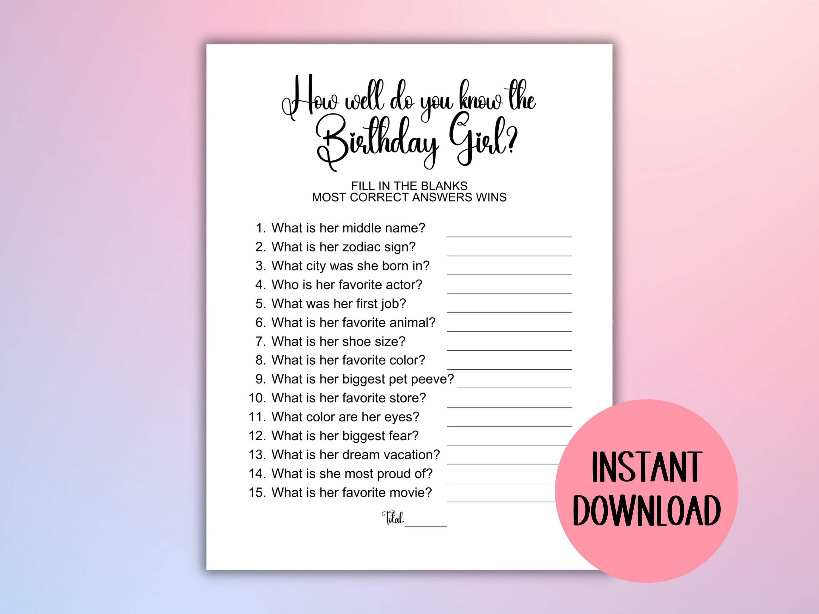 How Well Do You Know the Birthday Girl, Birthday Party Game, Teen Party ...