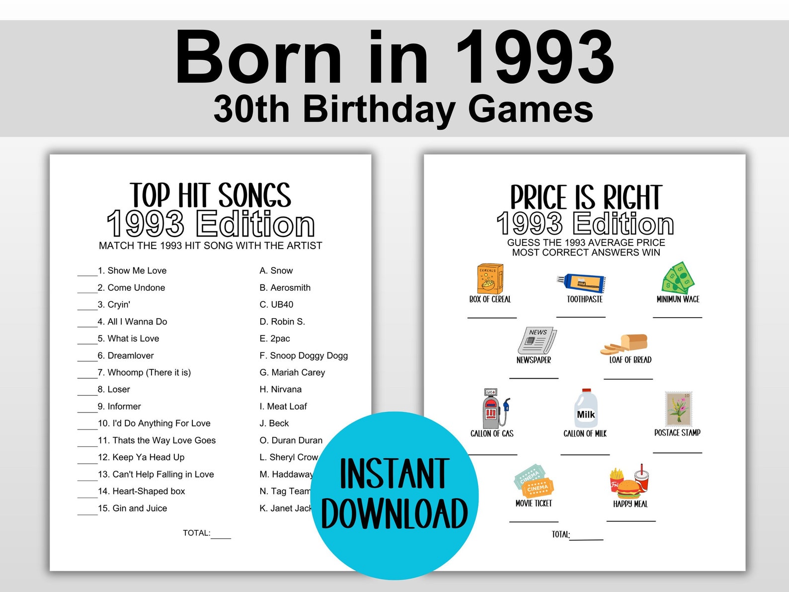 30th Birthday Party Games, Top Hit Songs 1993, Price is Right 1993 ...