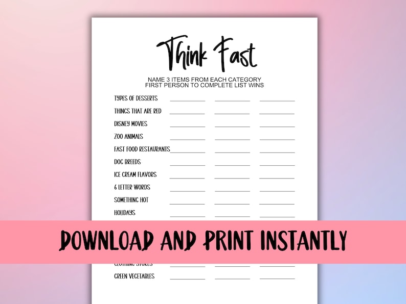 Think Fast Trivia Game, Birthday Party Game, Adult Party Game, Teen ...