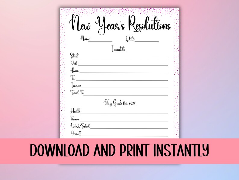 New Year's Resolution's Printable, New Year Instant Download, Goals for ...