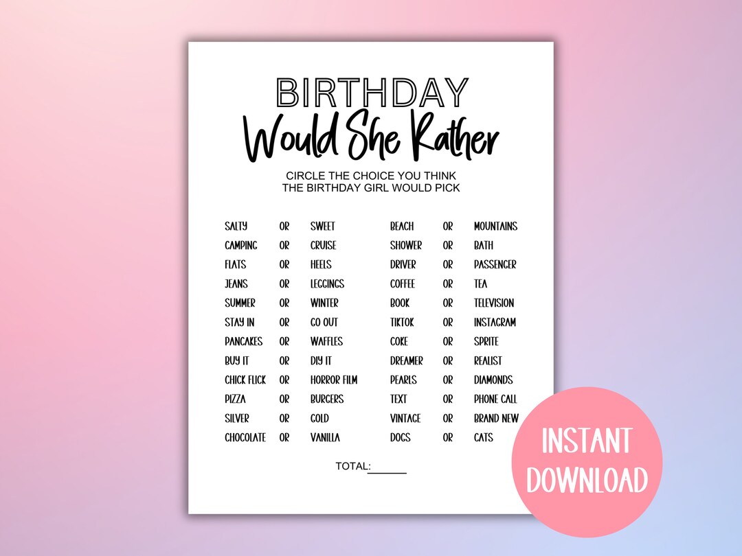 Birthday Would She Rather, Printable Party Game for Her, Adult Birthday ...