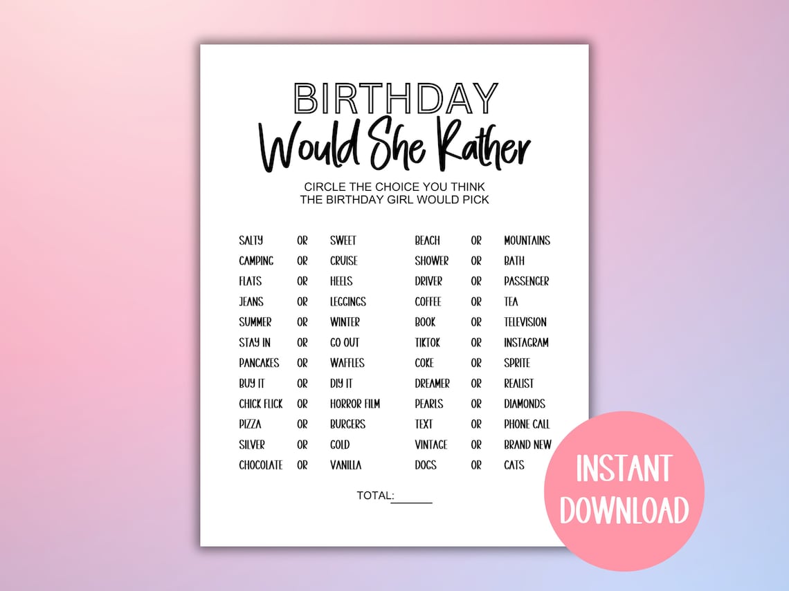 Birthday Would She Rather, Printable Party Game for Her, Adult Birthday ...