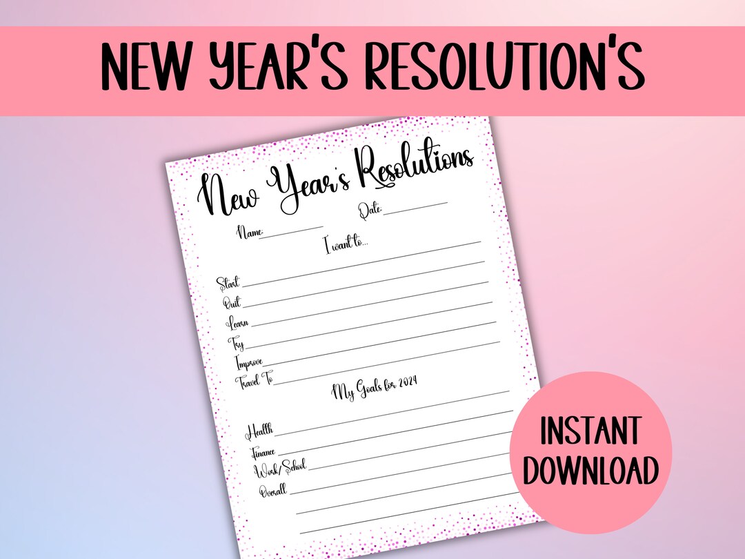 New Year's Resolution's Printable, New Year Instant Download, Goals for ...