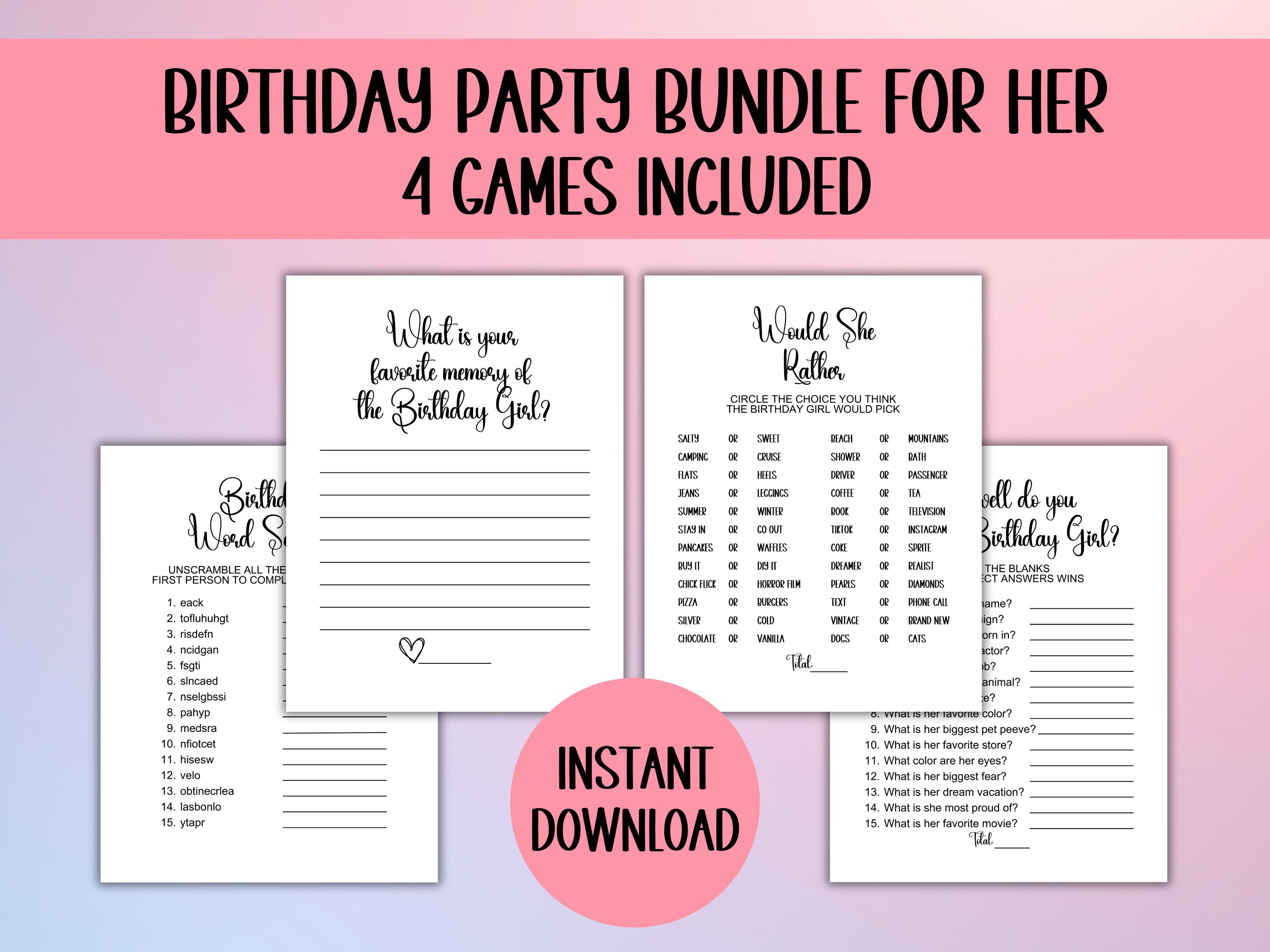 Birthday Party Game Bundle, Party Game Bundle for Her, Minimalist Party ...