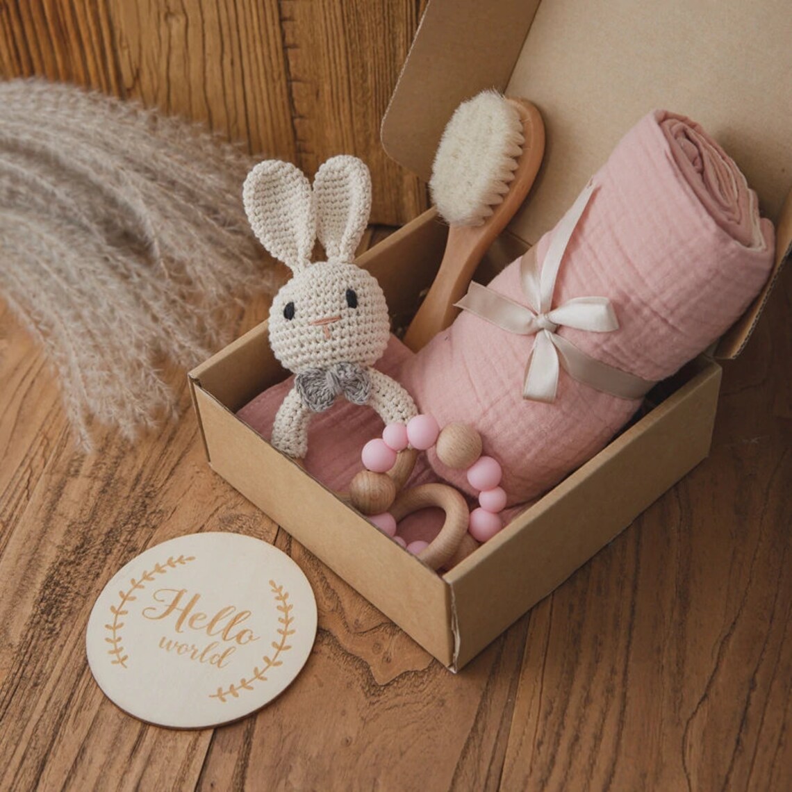 Baby Gift Set Box in Pink Yellow Gray Colors Baby Rattle Baby Blanket ...