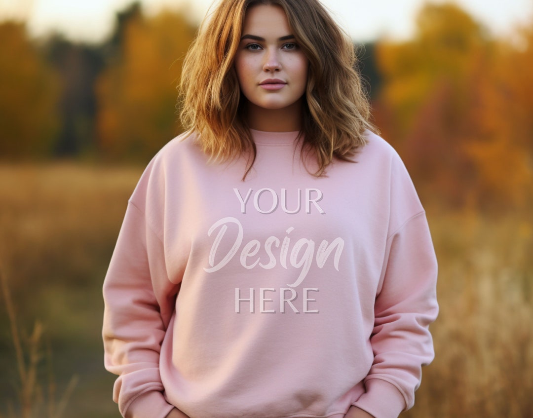 Gildan 18000 Mockup, Plus Size Light Pink Model Mockup, Autumn ...