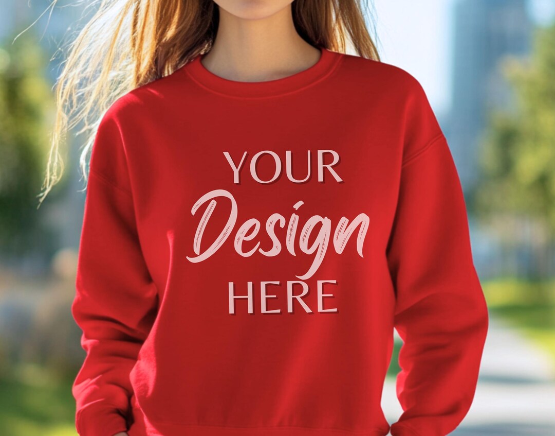 Gildan 18000 Red Sweatshirt Mockup, G180 Woman Realistic Red Mock, Fall ...