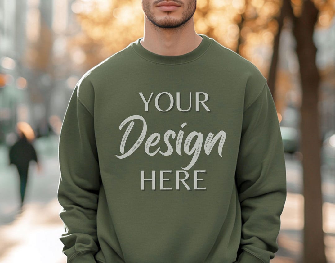 Gildan 18000 Military Green Mockup, G18 Green Man Mock, Gi180 Male Army ...