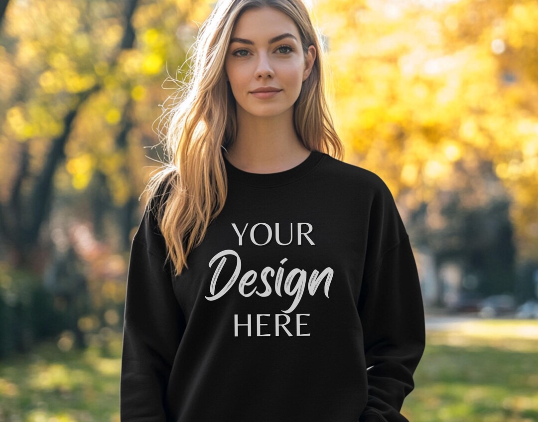 Gildan 18000 Black Sweatshirt Mockup, G180 Woman Realistic Mock, Fall ...