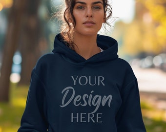Gildan 18500 Navy Hooded Sweatshirt Mockup, Gildan 18500 Model Mockup ...