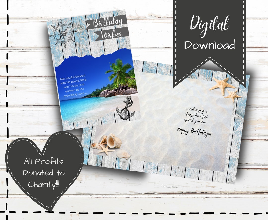 Printable Beach Birthday Greeting Card, Digital Download 5x7 Inch ...