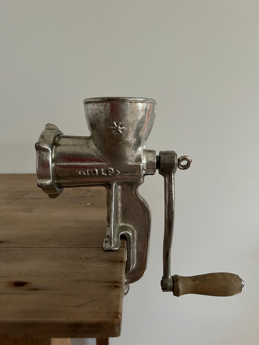 Antique 1950s Steel Manual Meat Grinder Wooden Crank Kitchen Utensil ...