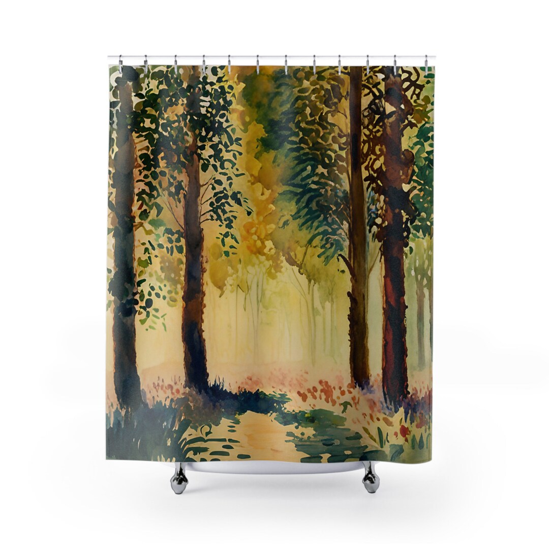 Enchanted Forest Canopy Shower Curtain Watercolor Woodland Scene Serene ...