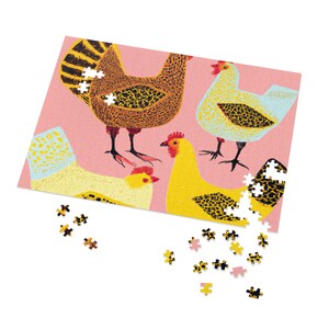 Funky Cartoon Colorful Chickens on Pink Background Jigsaw Puzzle (30 ...
