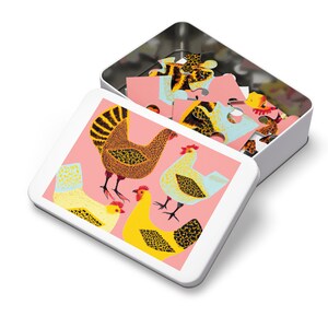 Funky Cartoon Colorful Chickens on Pink Background Jigsaw Puzzle (30 ...