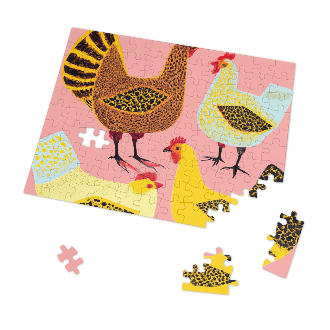 Funky Cartoon Colorful Chickens on Pink Background Jigsaw Puzzle (30 ...