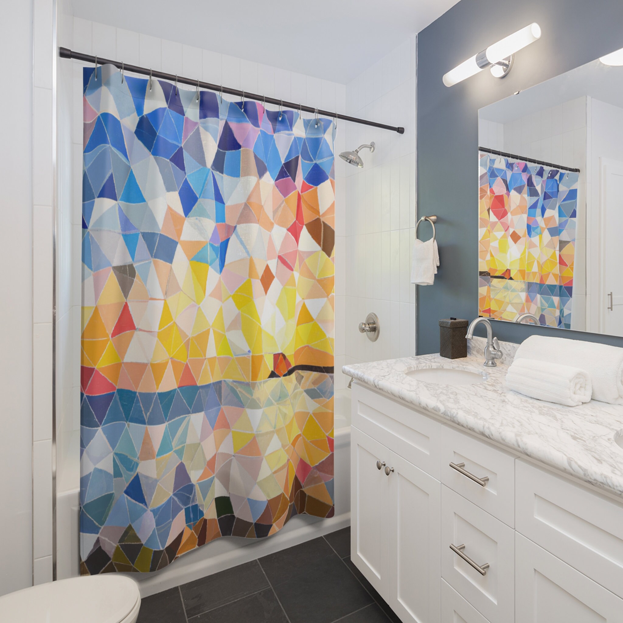Pixelated Ocean Sunset/sunrise Blue, Yellow Polyester Bathroom Shower ...