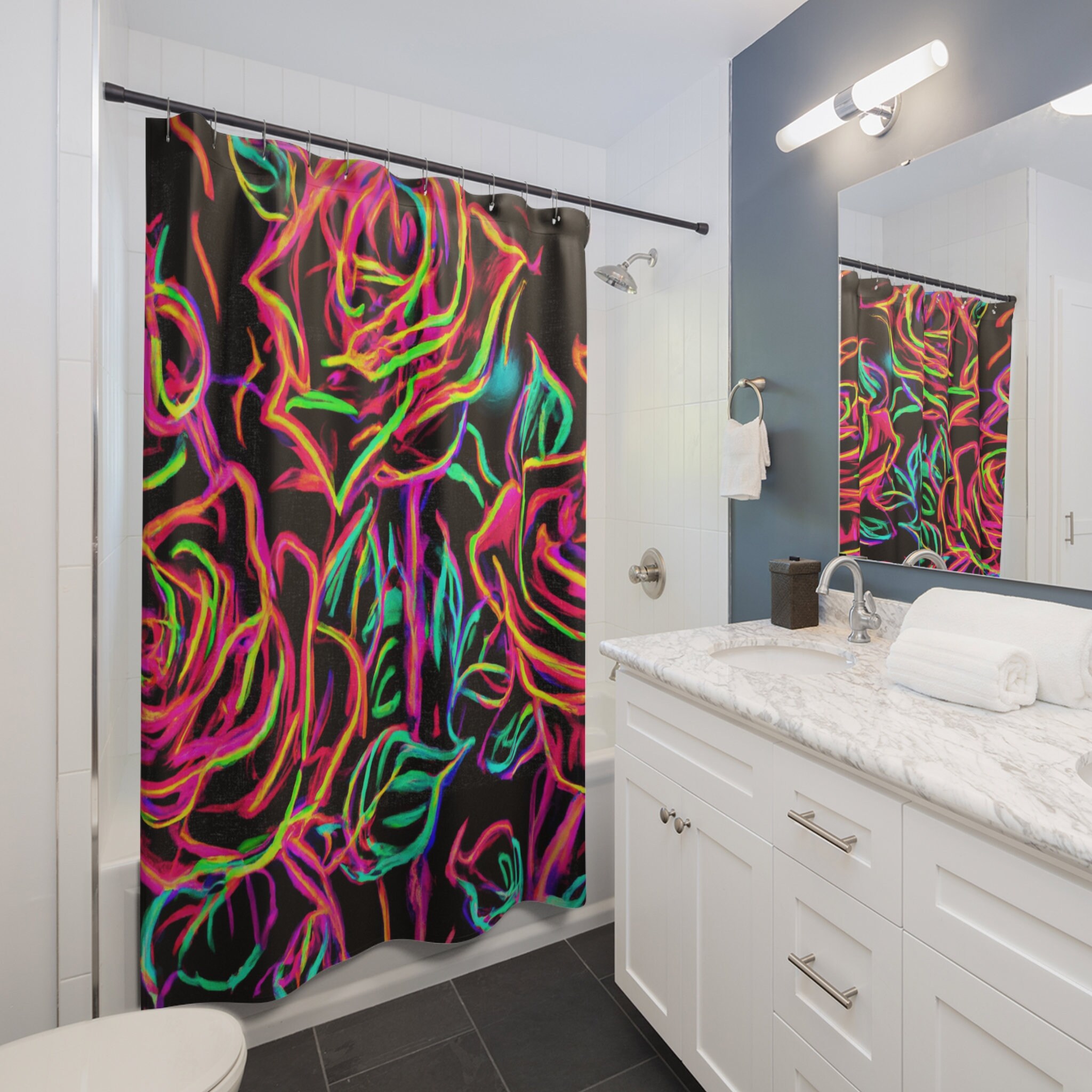 Cute Neon Red Roses With Green Stems on Black Polyester Bathroom Shower ...