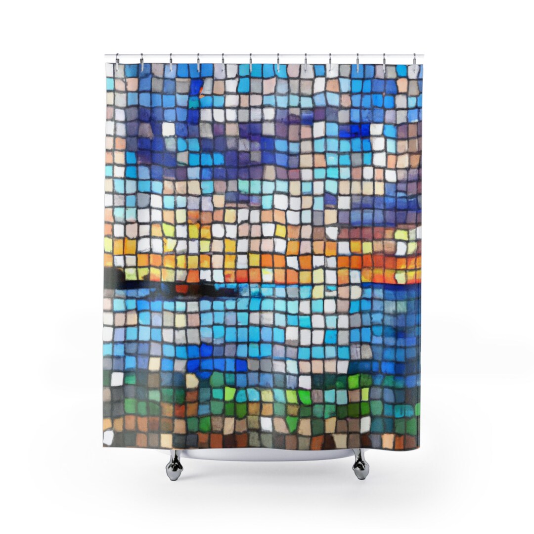 Pixelated Patchwork Inspired Sunset Ocean, Beach Scene Polyester ...