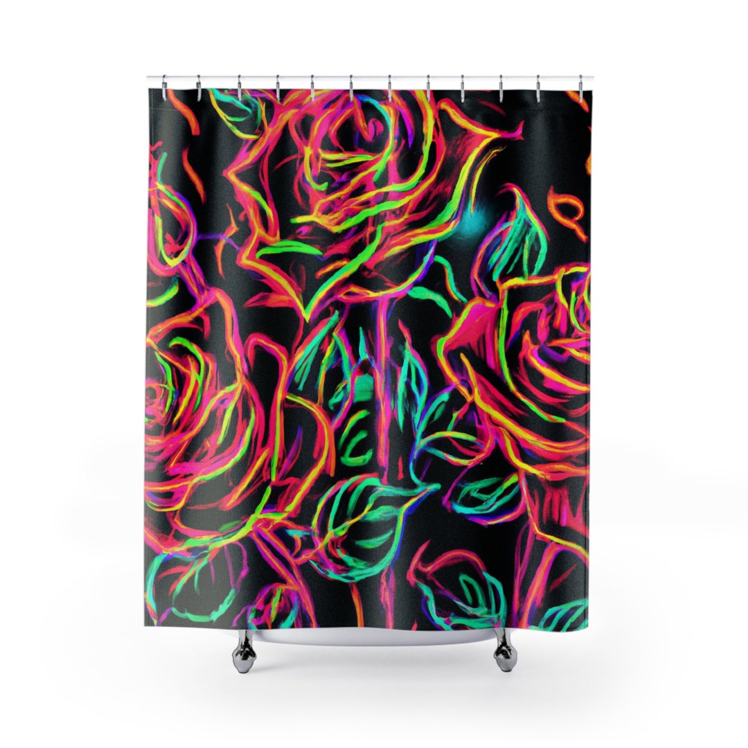 Cute Neon Red Roses With Green Stems on Black Polyester Bathroom Shower ...