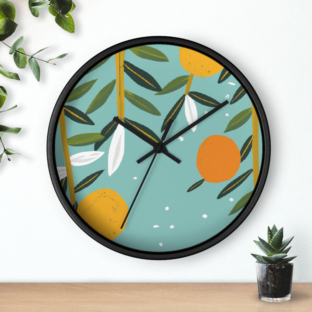 Orchard Fresh | Citrus Grove Wall Clock | Vibrant Orange and Leaf Motif ...