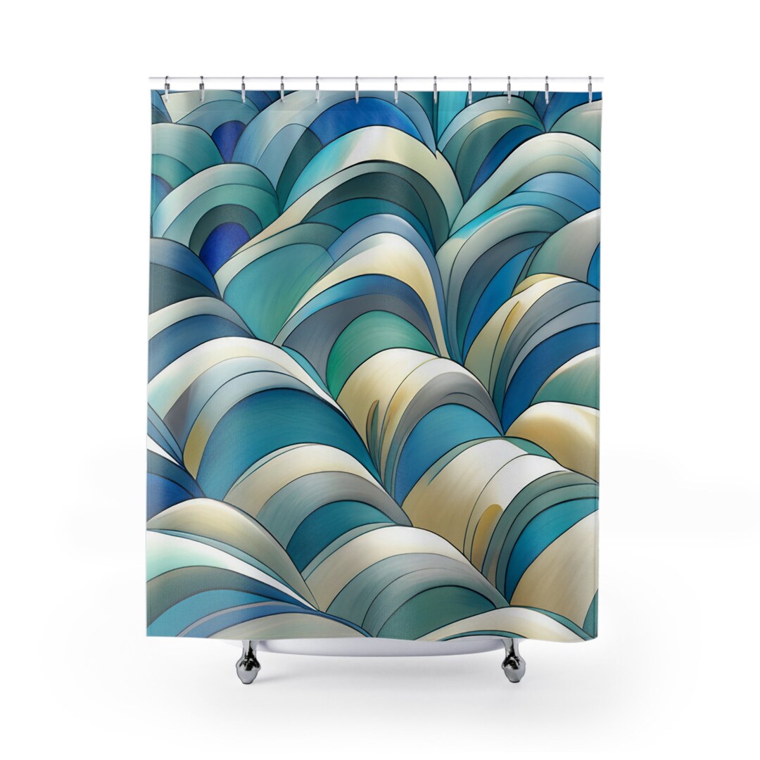 Oceanic Harmony Chic Aqua Wave Pattern Shower Curtain Elegant Bathroom ...