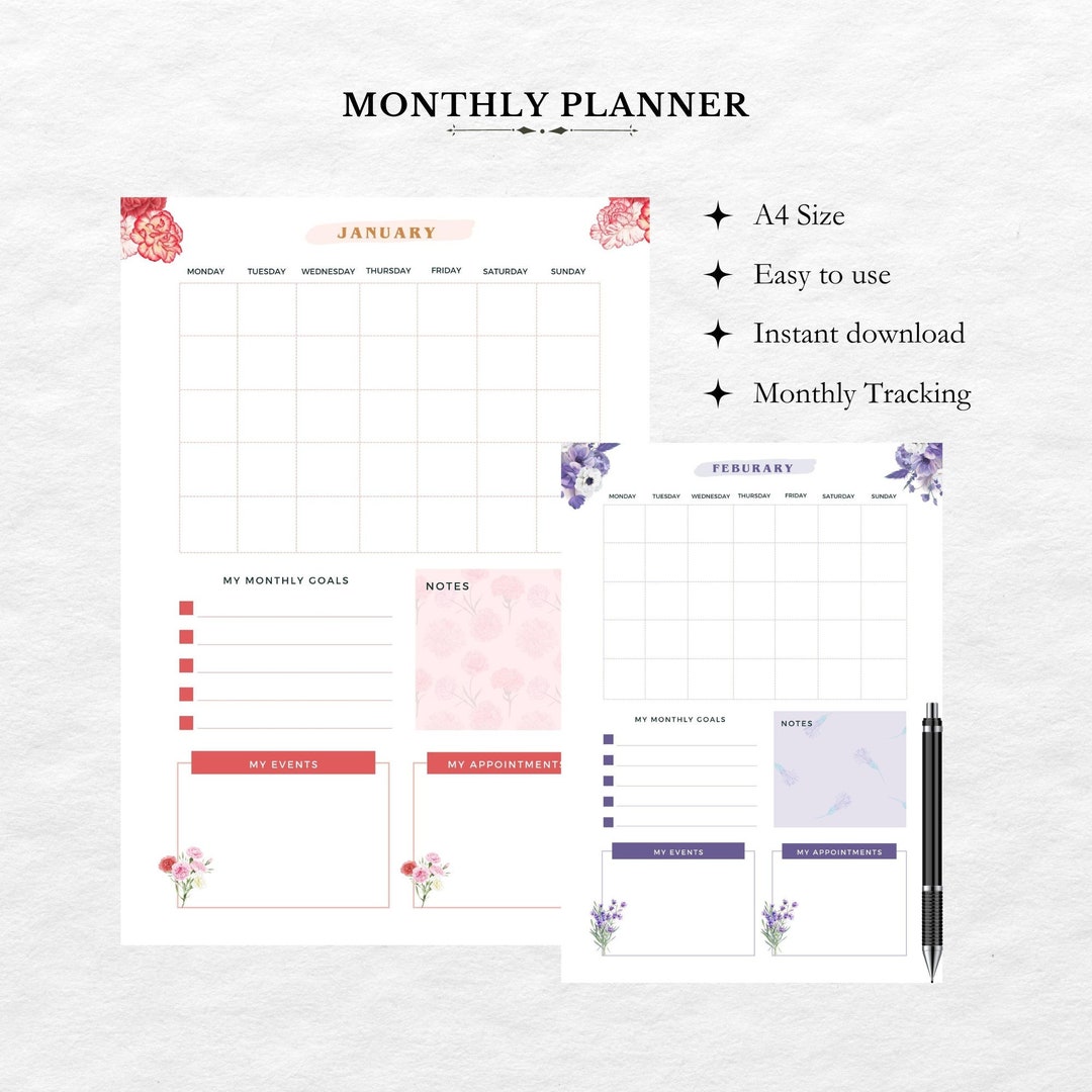 Monthly Planner Flower Theme Printable Monthly Schedule Pdf A4 Size - Etsy