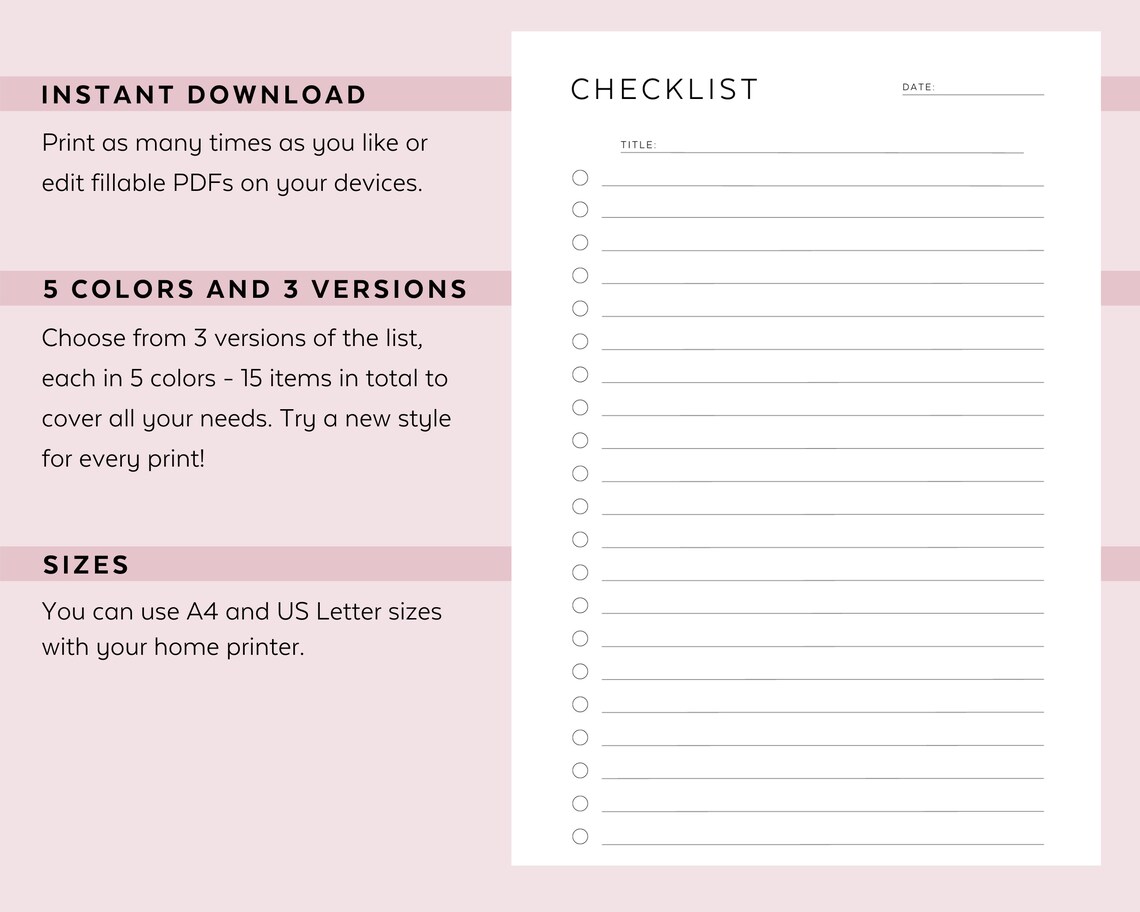 Blank Checklist Template Printable & Fillable PDF A4/letter - Etsy