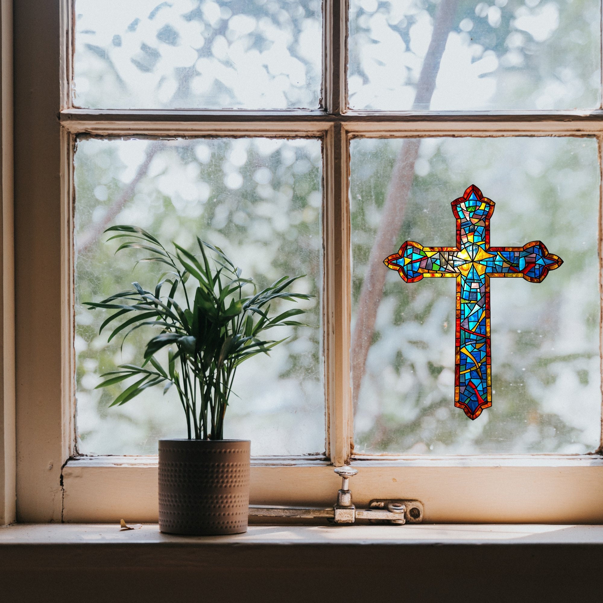 Christian Cross Stained Glass Window Cling Christian Faith Art Faithful ...