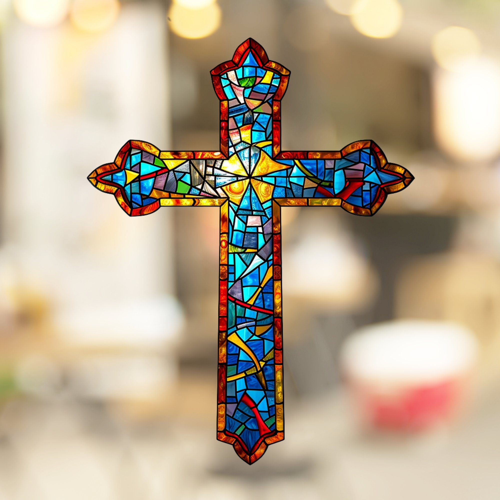 Christian Cross Stained Glass Window Cling Christian Faith Art Faithful ...