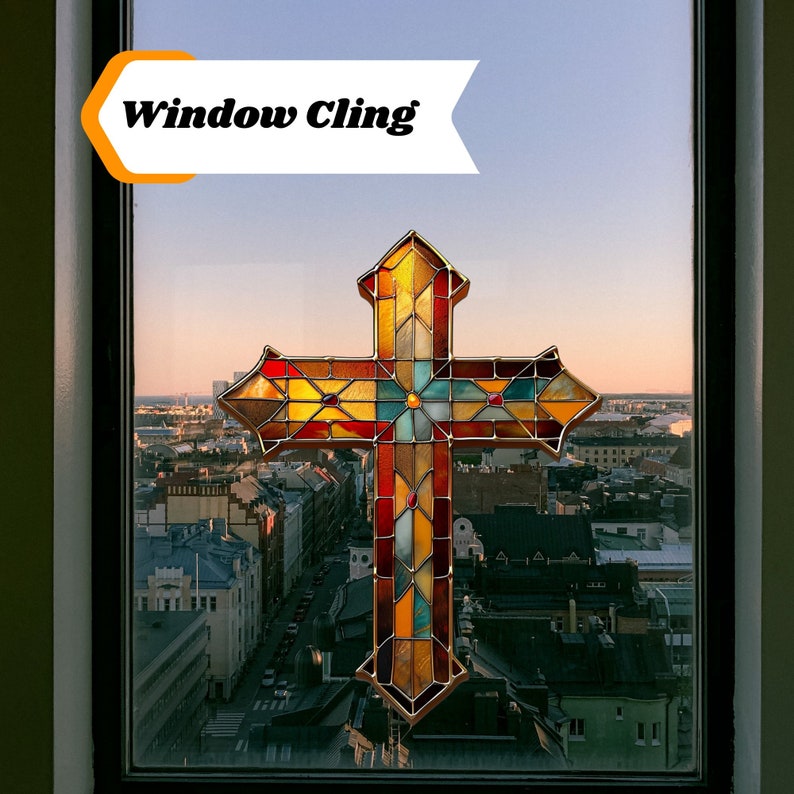 Christian Cross Stained Glass Window Cling Christian Faith Art Faithful ...
