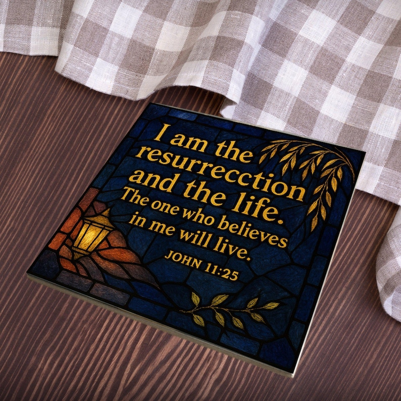 John 11 25 Bible Verse Ceramic Art Tile Christian Decor Bookshelf Wall ...