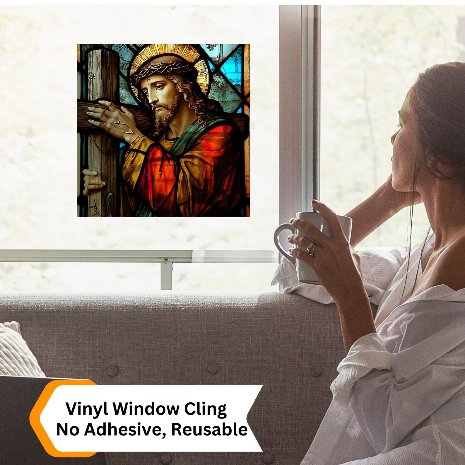 Jesus Carrying His Cross Stained Glass Window Cling Christian Faith Art ...