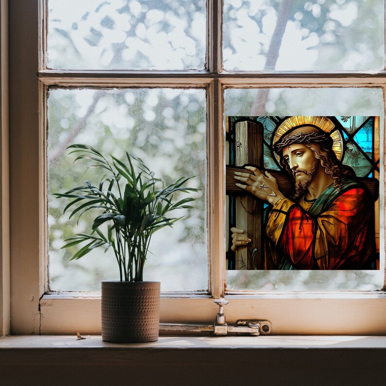 Jesus Carrying His Cross Stained Glass Window Cling Christian Faith Art ...