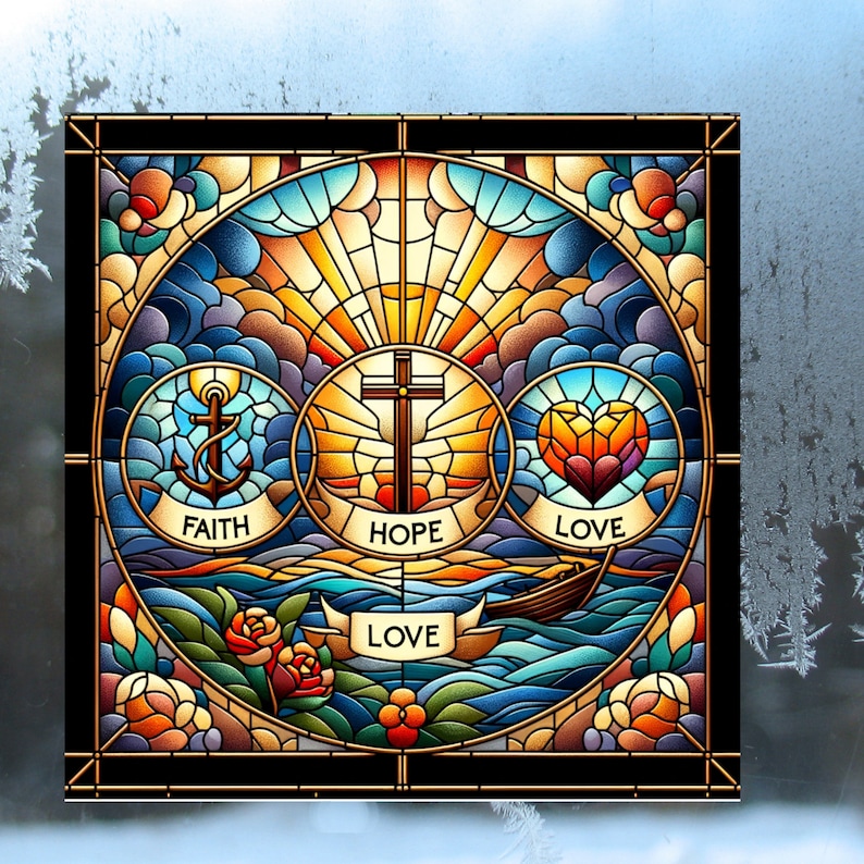 Faith Hope and Love Stained Glass Window Cling Christian Art Window ...