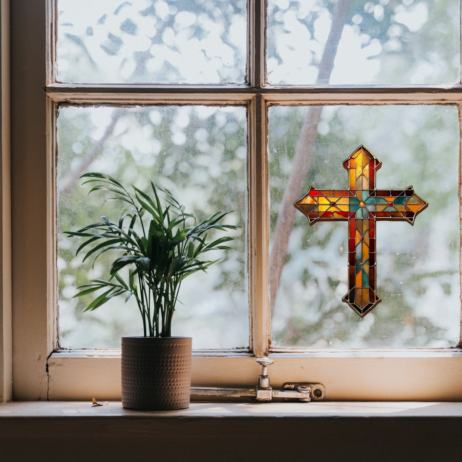 Christian Cross Stained Glass Window Cling Christian Faith Art Faithful ...