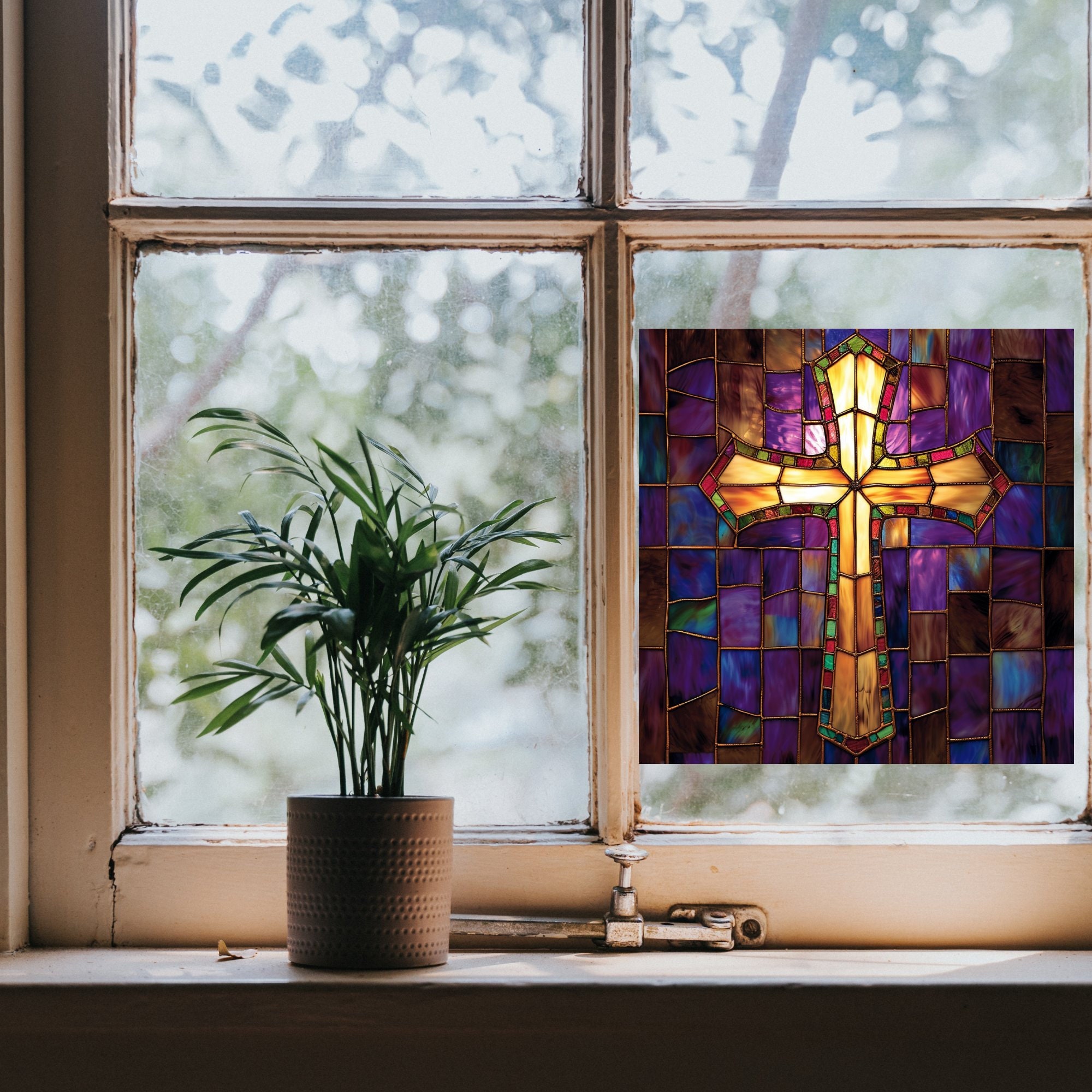 Christian Cross Stained Glass Window Cling Christian Faith Art Faithful ...