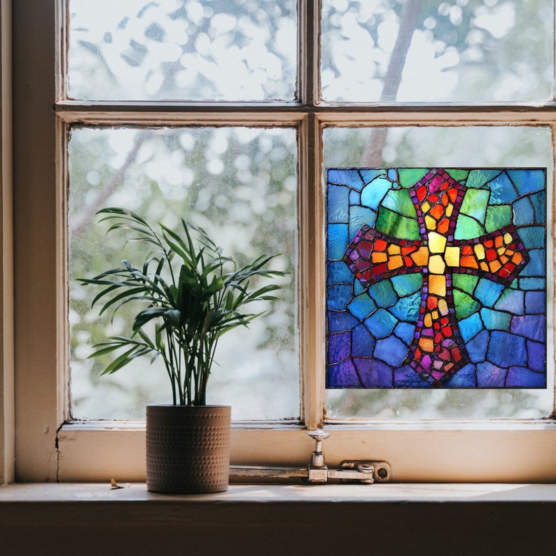Christian Cross Stained Glass Window Cling Christian Faith Art Faithful ...
