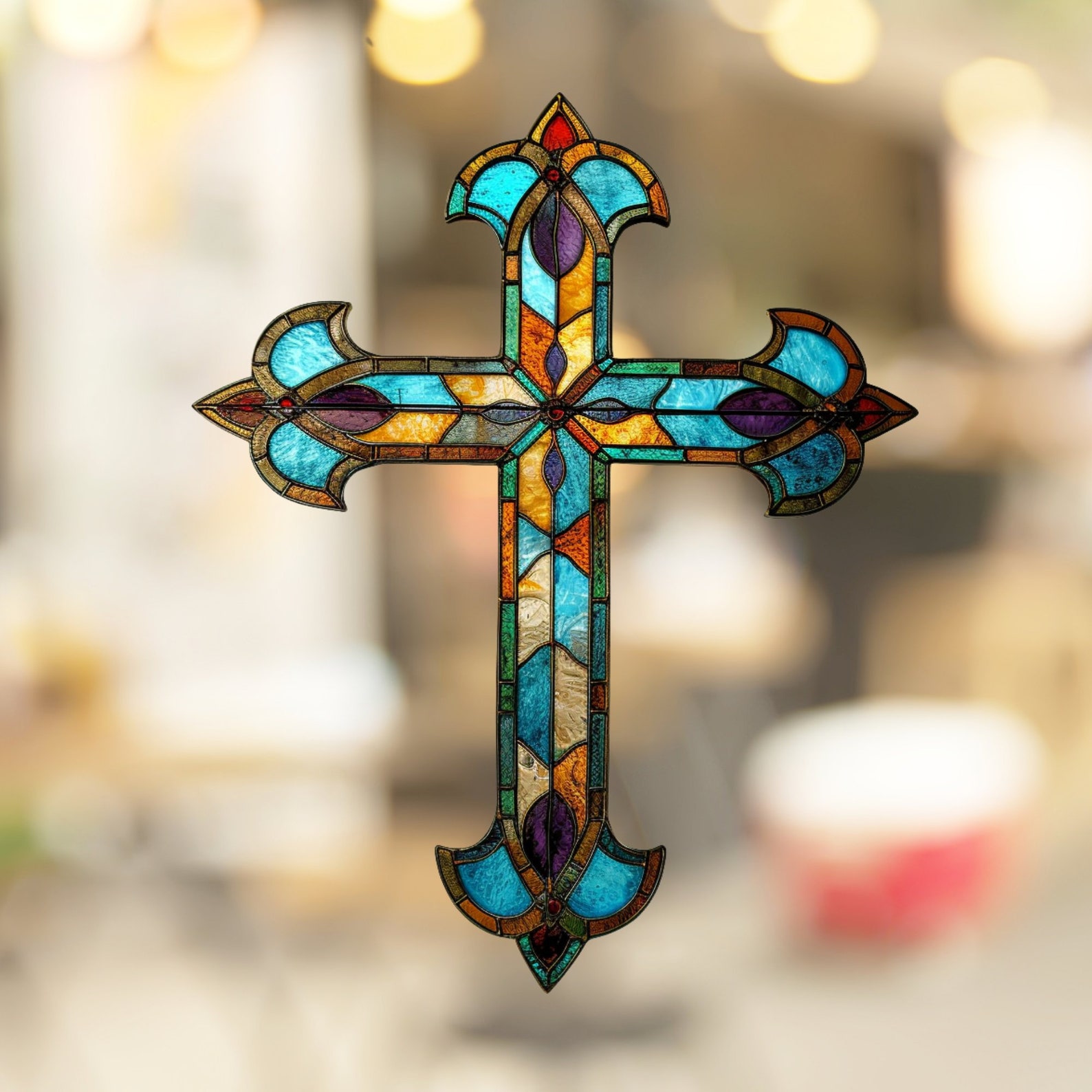 Christian Cross Stained Glass Window Cling Christian Faith Art Faithful ...