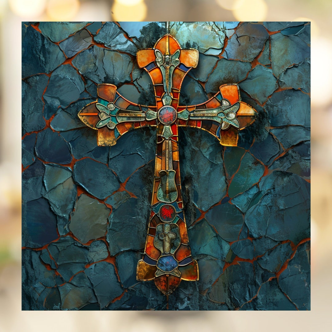 Rugged Christian Cross Stained Glass Window Cling Christian Faith Art ...