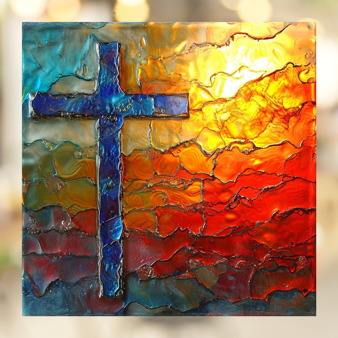 Fused Glass Cross Stained Glass Window Cling Christian Faith Art ...